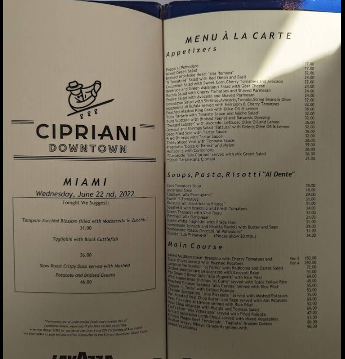 Cipriani Downtown Miami Restaurant Menu | Fine Italian Dining in Brickell
